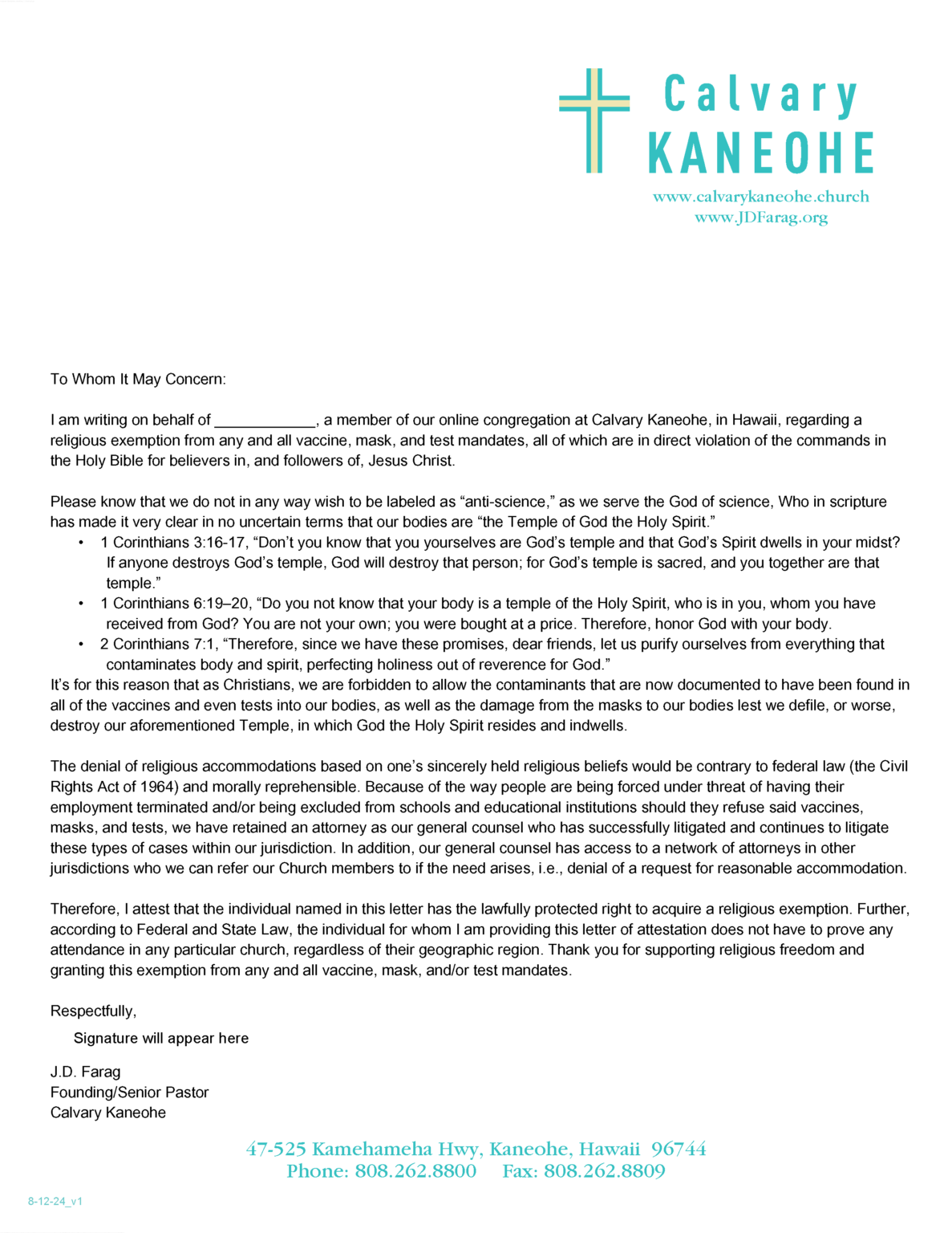 Request for Covid Exemption Letter | ABC's of Salvation